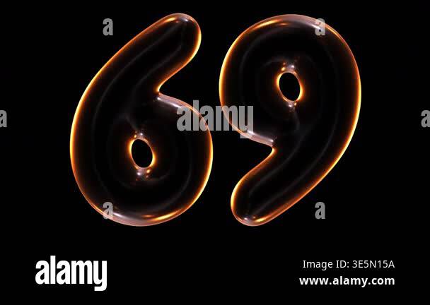 animation of glowing number 69 with light and reflections isolated on ...