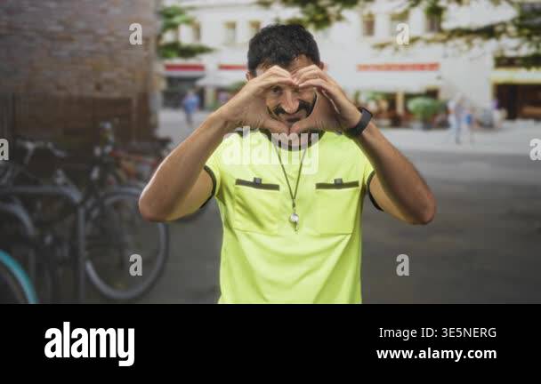 Middle aged referee man with whistle forms heart shape with hands on a ...