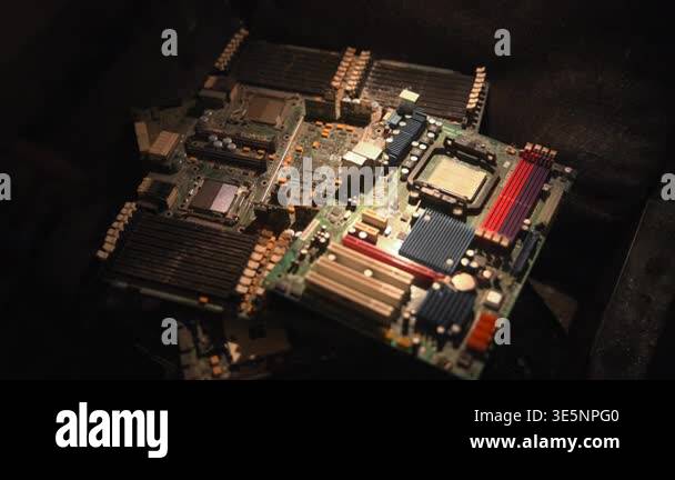 Closeup Motherboard On Dark Fabric Showing Socket, Heatsink And Ram ...