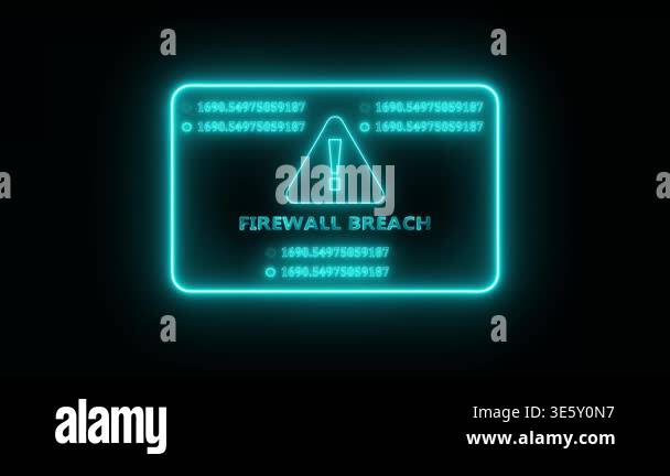 Firewall breach cybersecurity warning interface animation with glowing ...