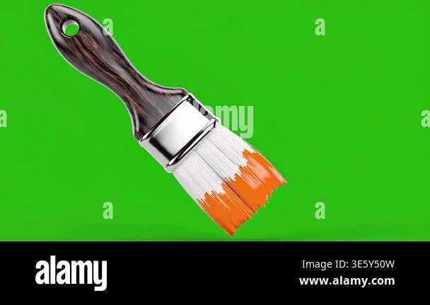 A close-up shot of a paintbrush with orange paint on its bristles, set ...