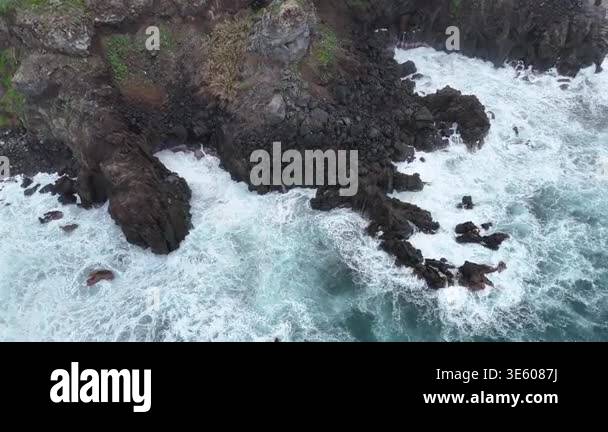 Aerial view of rocky coastline with crashing waves, showcasing the ...