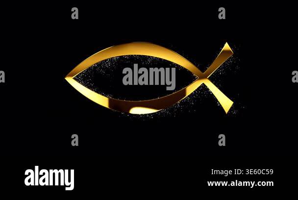 Gold Ichthys or Jesus fish symbol with glare and glittering falling ...