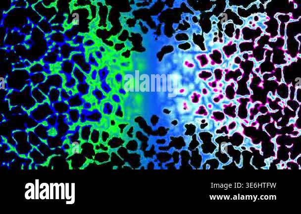 Abstract liquid cells move across a dark background with blue and green ...