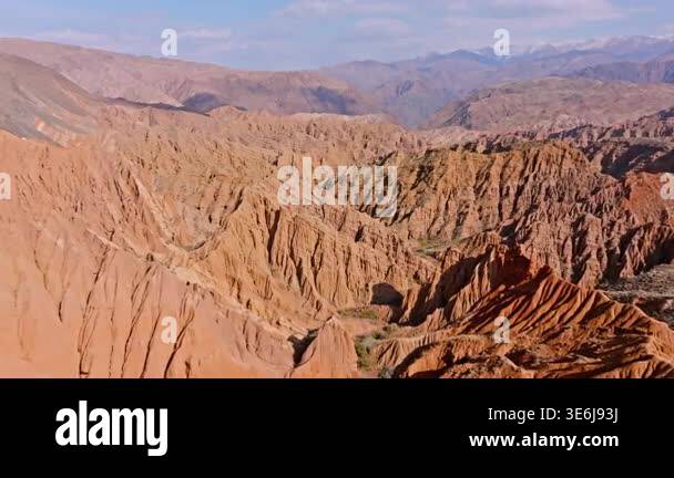 Aerial view captures dry, eroded rock formations in barren mountains ...