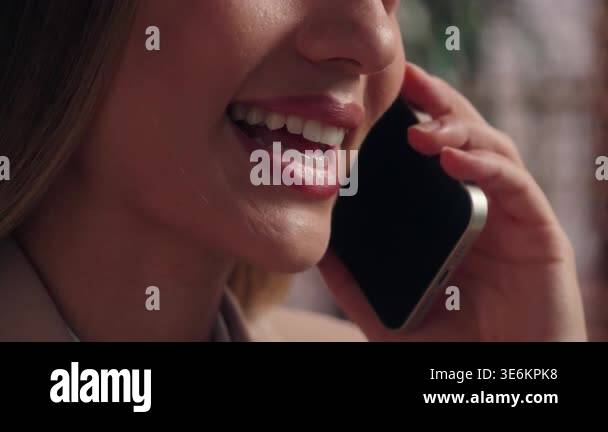 Close up female lips mouth communicate call positive business woman ...