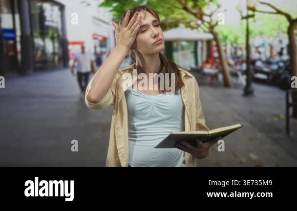 Young woman holding open book with hand to temple and eyes closed while ...