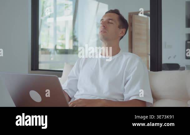 mental exhaustion man using laptop closing eyes feeling tired after ...