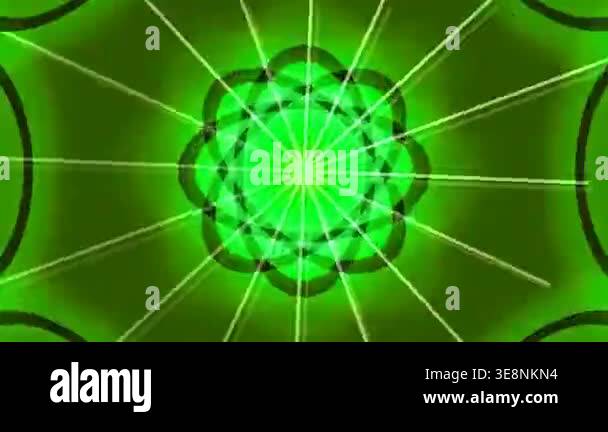Abstract, kaleidoscopic green mandala pattern with glowing center and ...