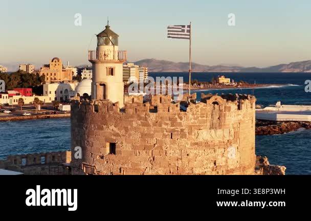 Panoramic view of the historic Saint Nicholas Fort lighthouse and Greek ...