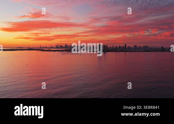 City skyline view. Sunrise cityscape, Florida. Sunset dramatic sky ...