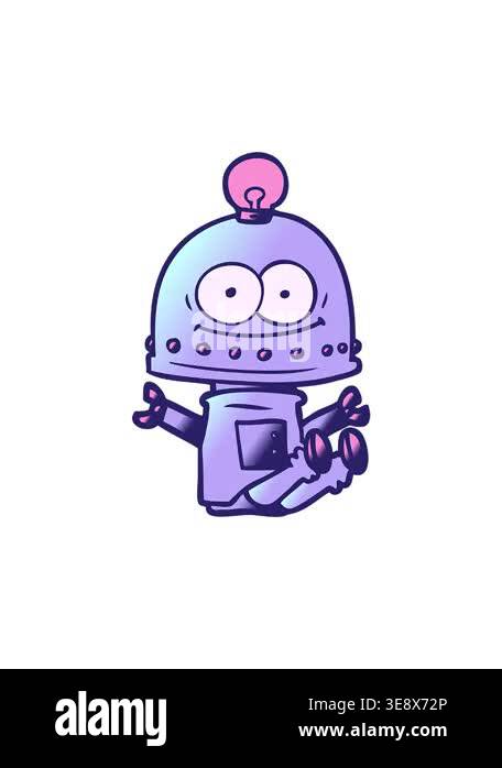 spinning motion animation of happy robot with light bulb cartoon ...