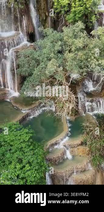 Aerial drone view of Kuang Si Waterfall main cascade near Luang Prabang ...