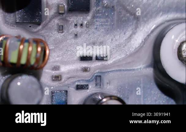 Shimmer ink. Processor chip. Defocused blue white color round sparkling ...