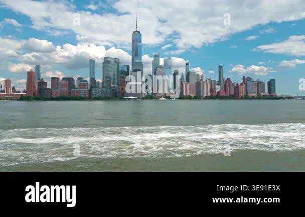 NYC aerial view. NY city video from drone. New York skyline over Hudson ...