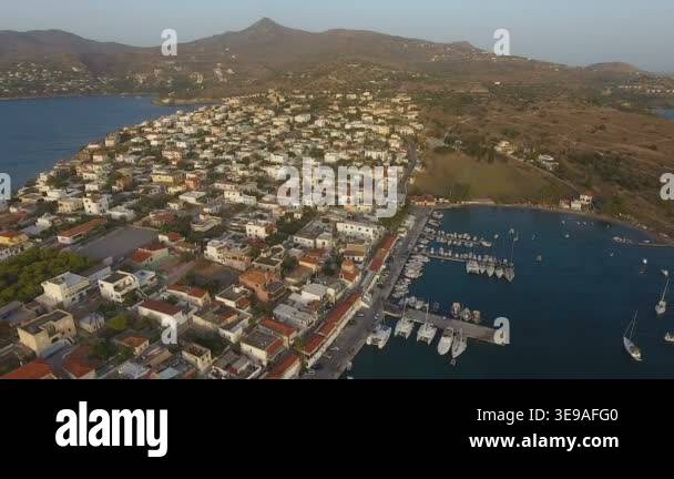 Aerial panoramic view of Perdika village at the greek island of Aegina ...