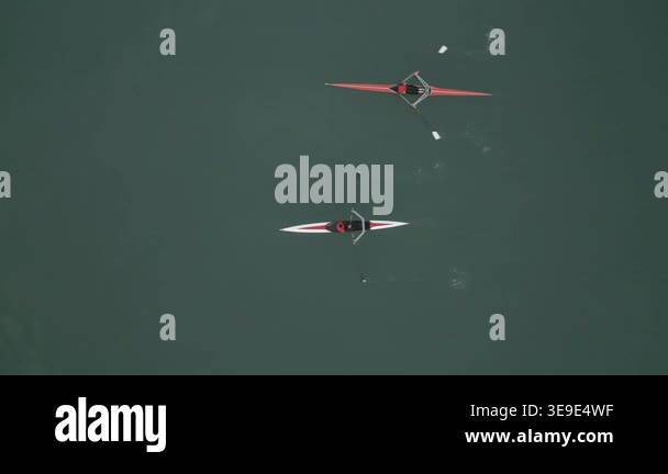 Aerial View Rowers Racing On Water, Calm Green Lake With Two Single ...