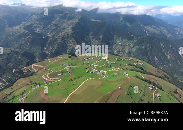 Aerial drone view of Petran plateau mountain village houses on green ...