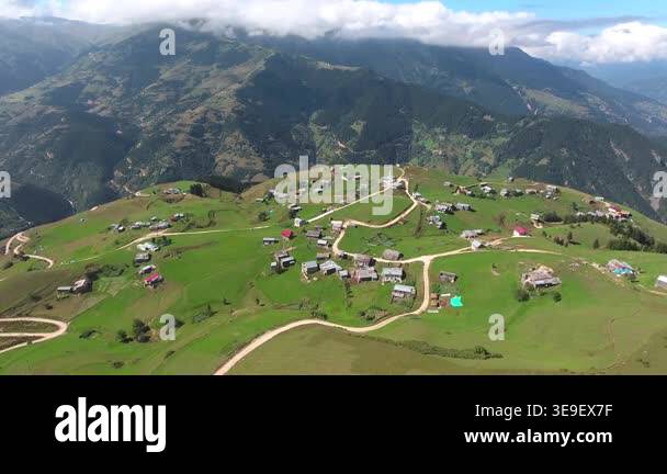 Aerial drone view of Petran plateau mountain village houses on green ...