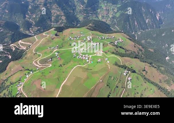 Aerial drone view of Petran plateau mountain village houses on green ...