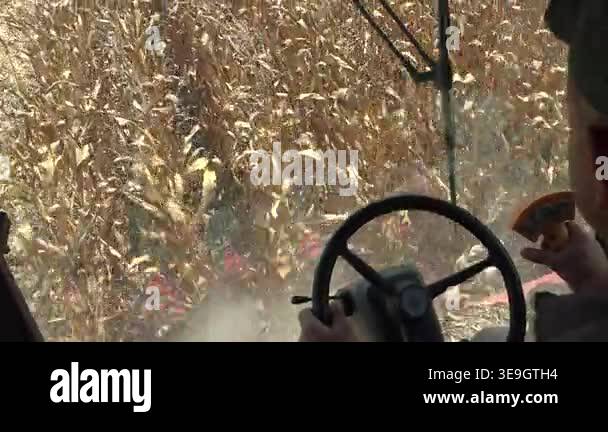 View from combine harvester cockpit shows crop harvesting machinery ...