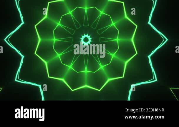 Vibrant green neon mandala patterns rotate and synchronize creating a ...