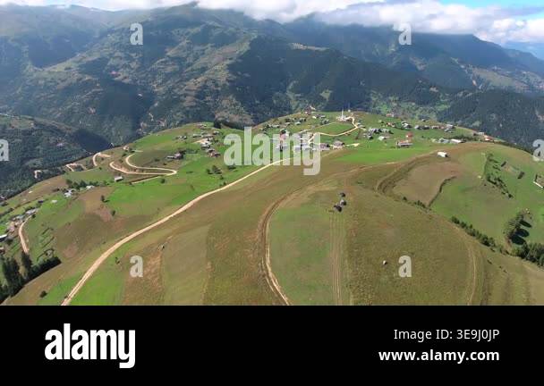 Aerial drone view of Petran plateau mountain village houses on green ...