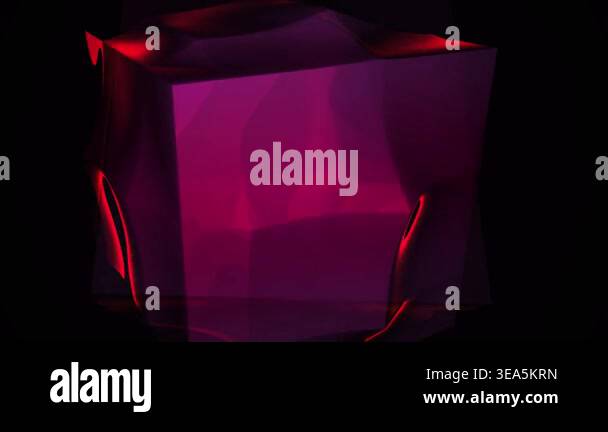 A dark scene shows a glowing purple cube rotating slowly creating neon ...