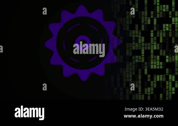 Animated video shows glowing green code blocks cascading over a dark ...