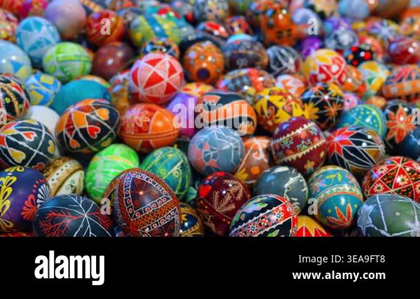 Background of many colorful traditional painted Easter eggs. Close up ...
