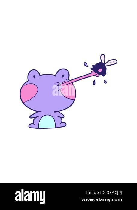 spinning motion animation of cute cartoon frog catching fly with tongue ...