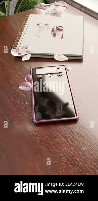 3D smartphone desk interface with icon layout near window light Stock ...