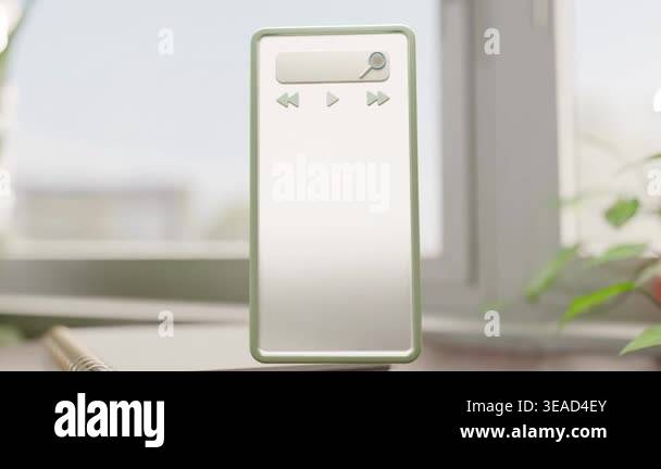 3D smartphone desk interface with icon layout near window light Stock ...