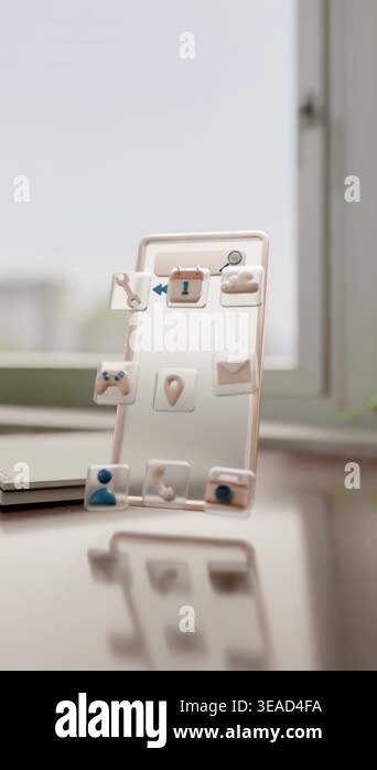 3D smartphone desk interface with icon layout near window light Stock ...