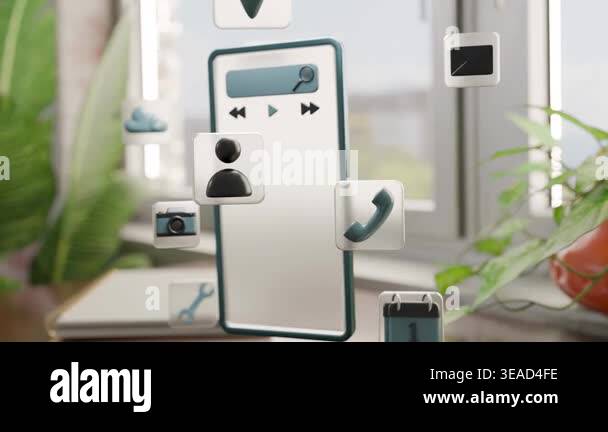 3D smartphone desk interface with icon layout near window light Stock ...