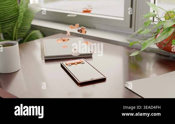 3D smartphone desk interface with icon layout near window light Stock ...