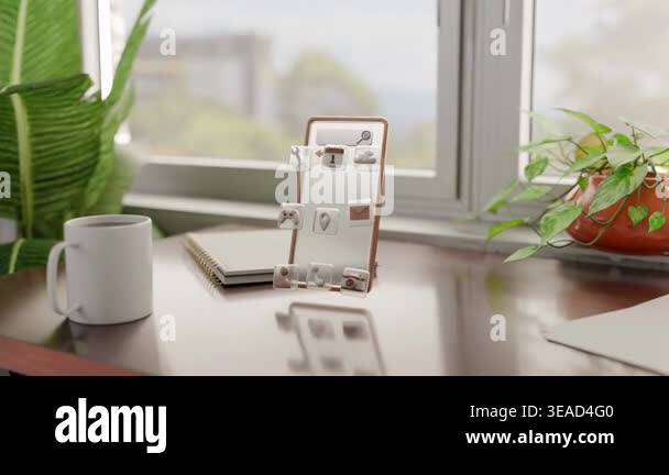 3D smartphone desk interface with icon layout near window light Stock ...