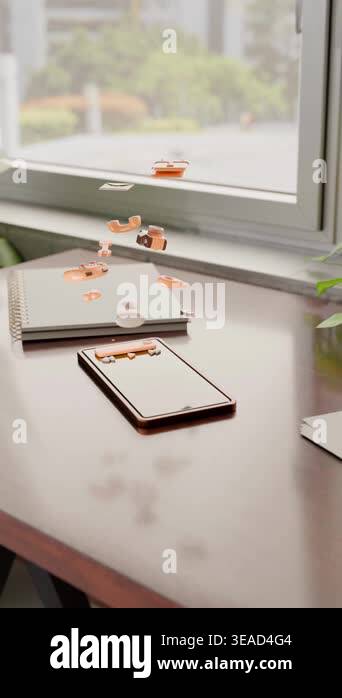 3D smartphone desk interface with icon layout near window light Stock ...
