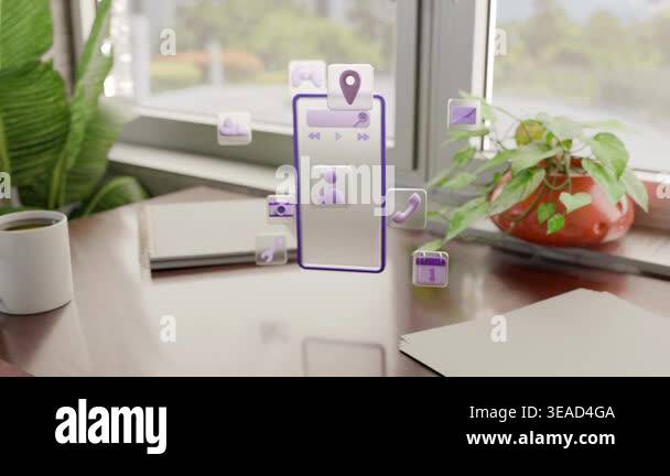 3D smartphone desk interface with icon layout near window light Stock ...