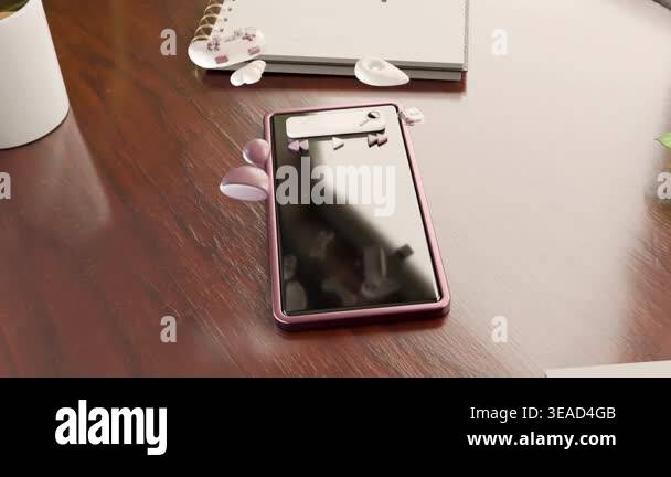 3D smartphone desk interface with icon layout near window light Stock ...