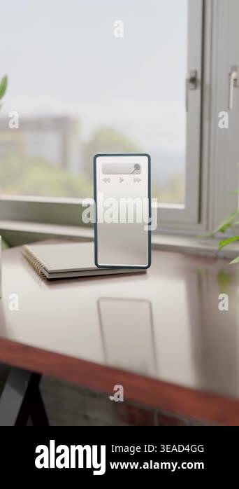 3D smartphone desk interface with icon layout near window light Stock ...