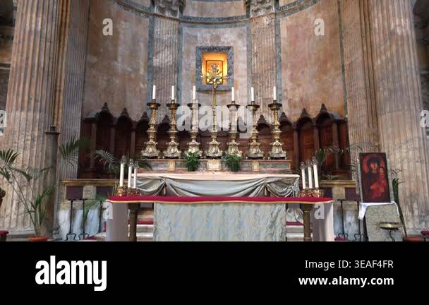 Pantheon interior altar glows in Rome Italy, sacred church architecture ...