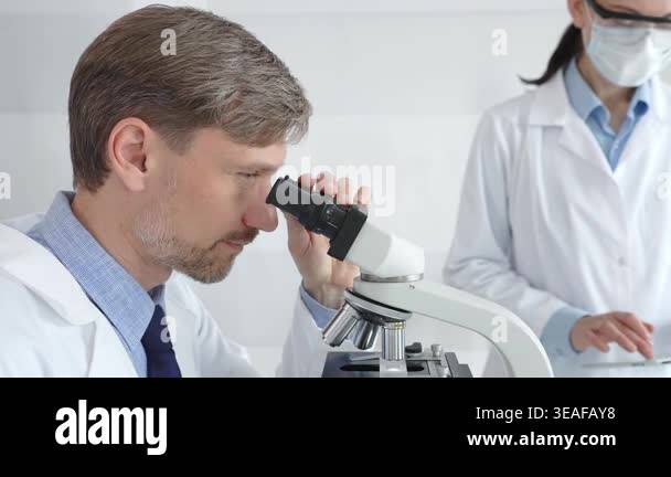 Scientific professional examining specimen through microscope ...
