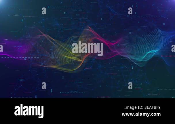 Futuristic animation shows vibrant colorful waves digital grid, data ...