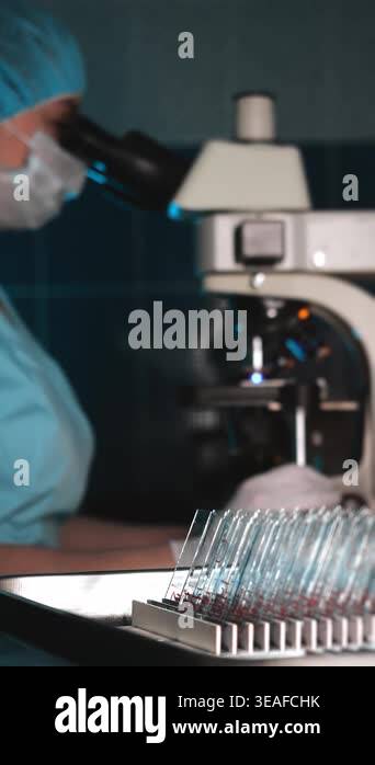 Laboratory technician working with microscope and sample slides in ...