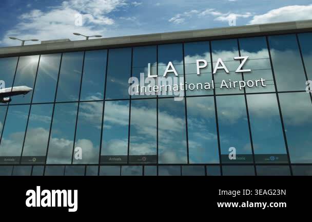 Plane landing at La Paz, Bolivia. Arrival in the city with the glass ...