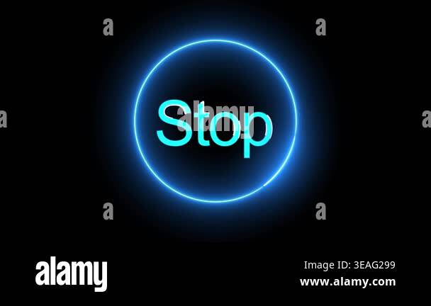 Neon stop button animation glowing cyan circle digital interface alert ...