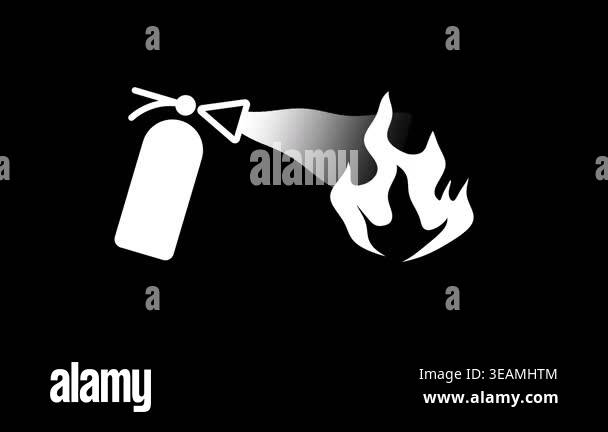 A fire extinguisher actively discharging next to open flames represents ...