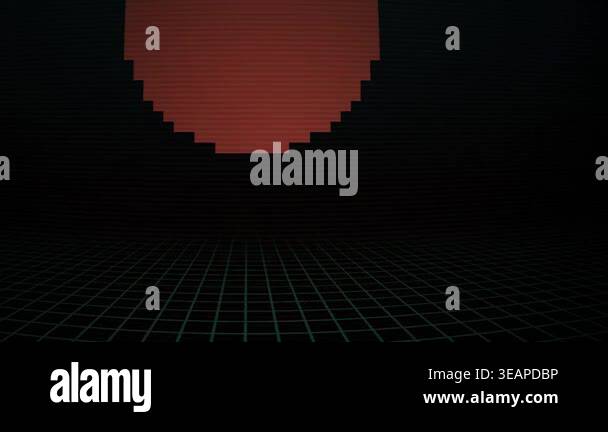 Animated pixelated red and blue spheres on black background with grid ...