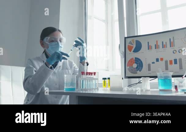A woman researcher in lab coat and goggles works with chemical ...